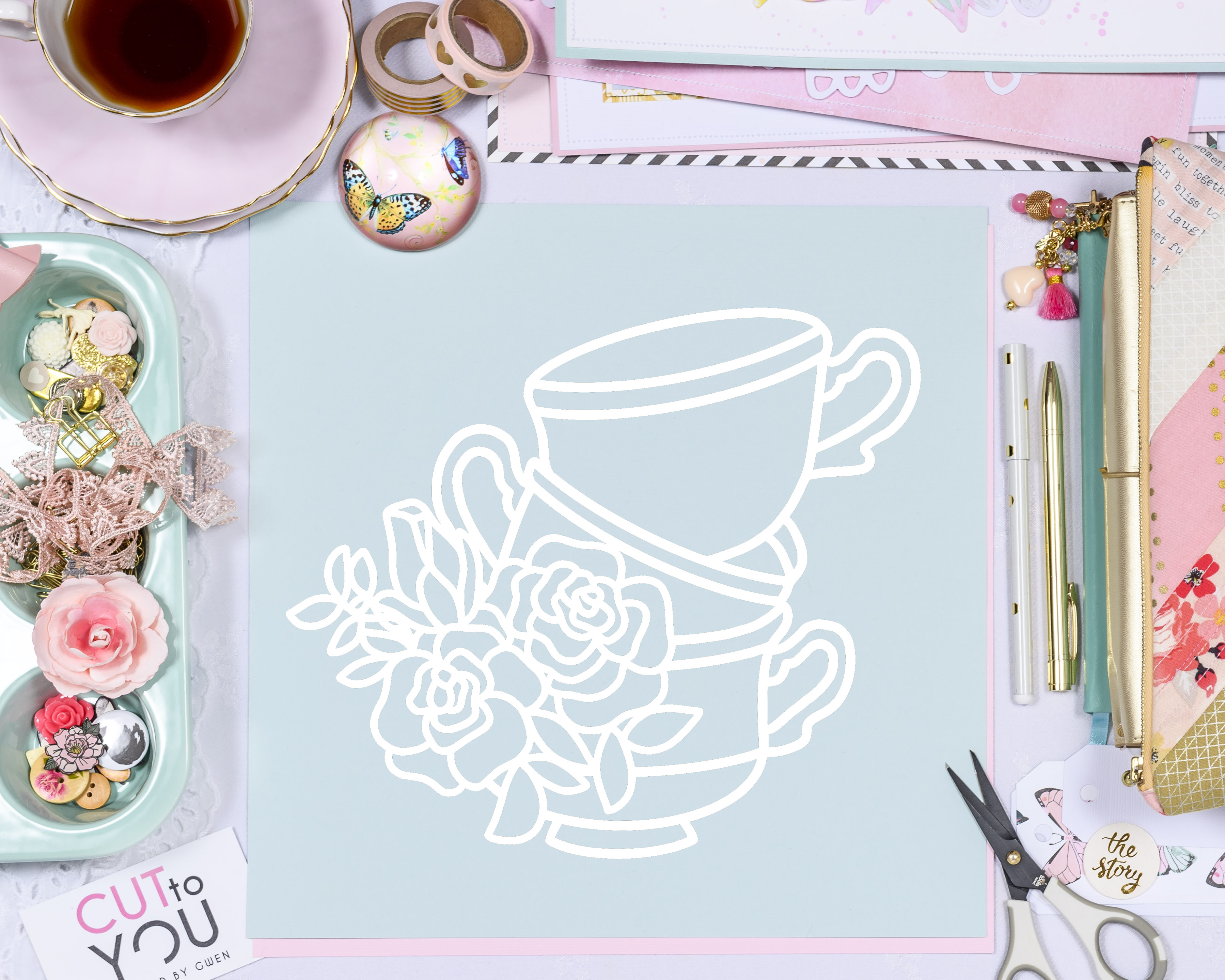 Floral Tea Cup Stack Digital Cut File - CUT to YOU (Created By Gwen)